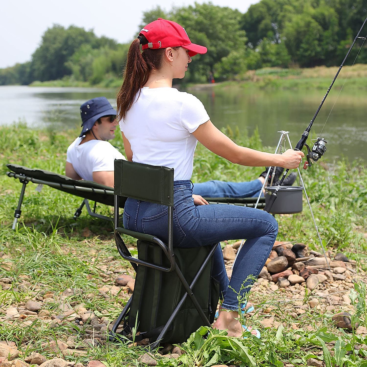 PORTAL Lightweight Backrest Stool Compact Folding Chair Seat with Cooler Bag and Backpack Straps for Fishing, Camping, Hiking, Supports 225 lbs