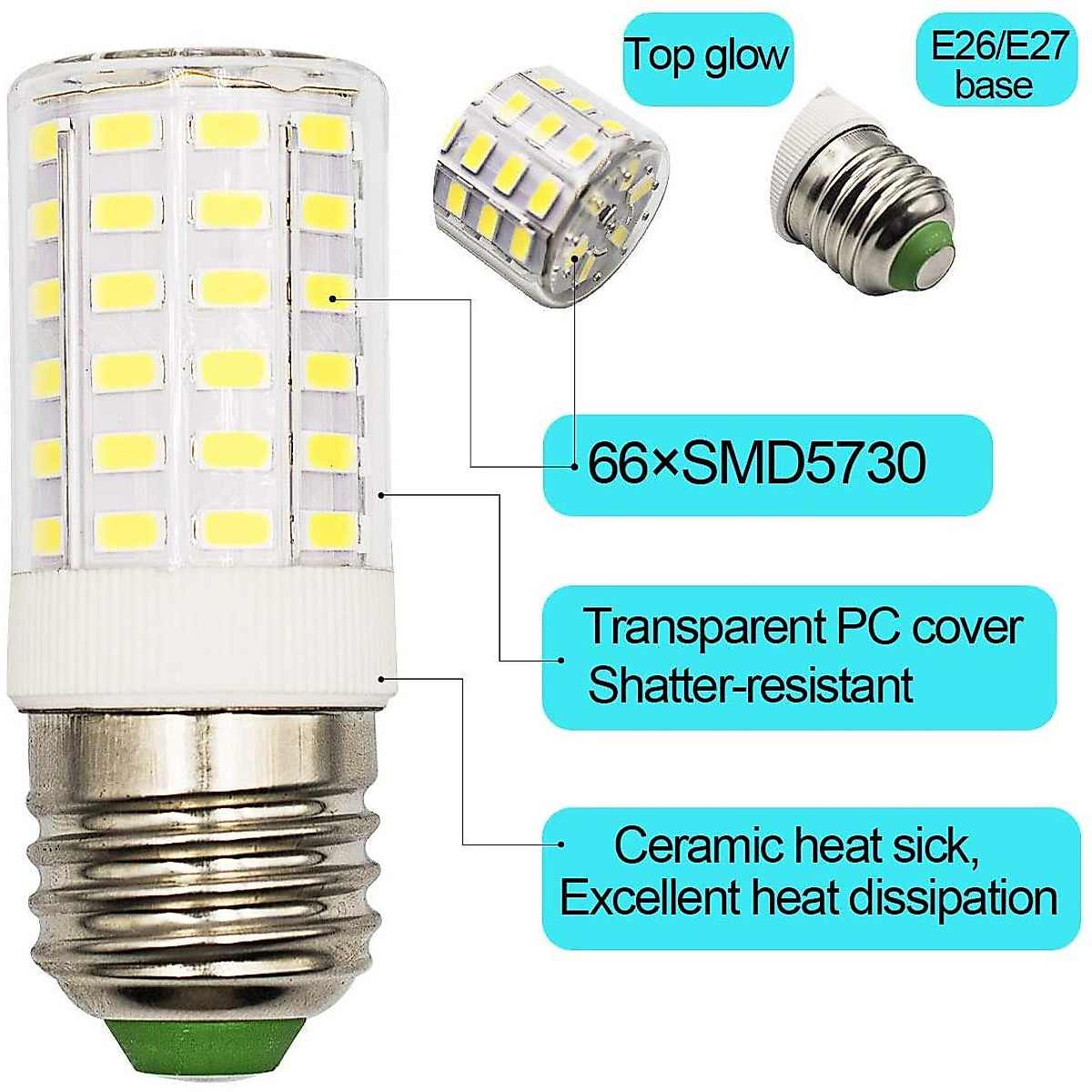 E26/26mm Big Medium Base Screw LED Refrigerator Light Bulb Appliance Bulb 7W (60W-70W Equivalent) Non-dimmable Cool White 6500K 1000 Lumen AC100V-265V Floor Lighting Decorative Corn Lamp Pack of 1