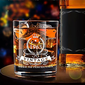 LIGHTEN LIFE 60th Birthday Gifts for Men 12 oz,1963 Whiskey Glass in Valued Wooden Box,Whiskey Bourbon Glass for 60 Years Old Dad,Husband,Friend,60th Bday Gift Ideas,60th Birthday Decorations for Men