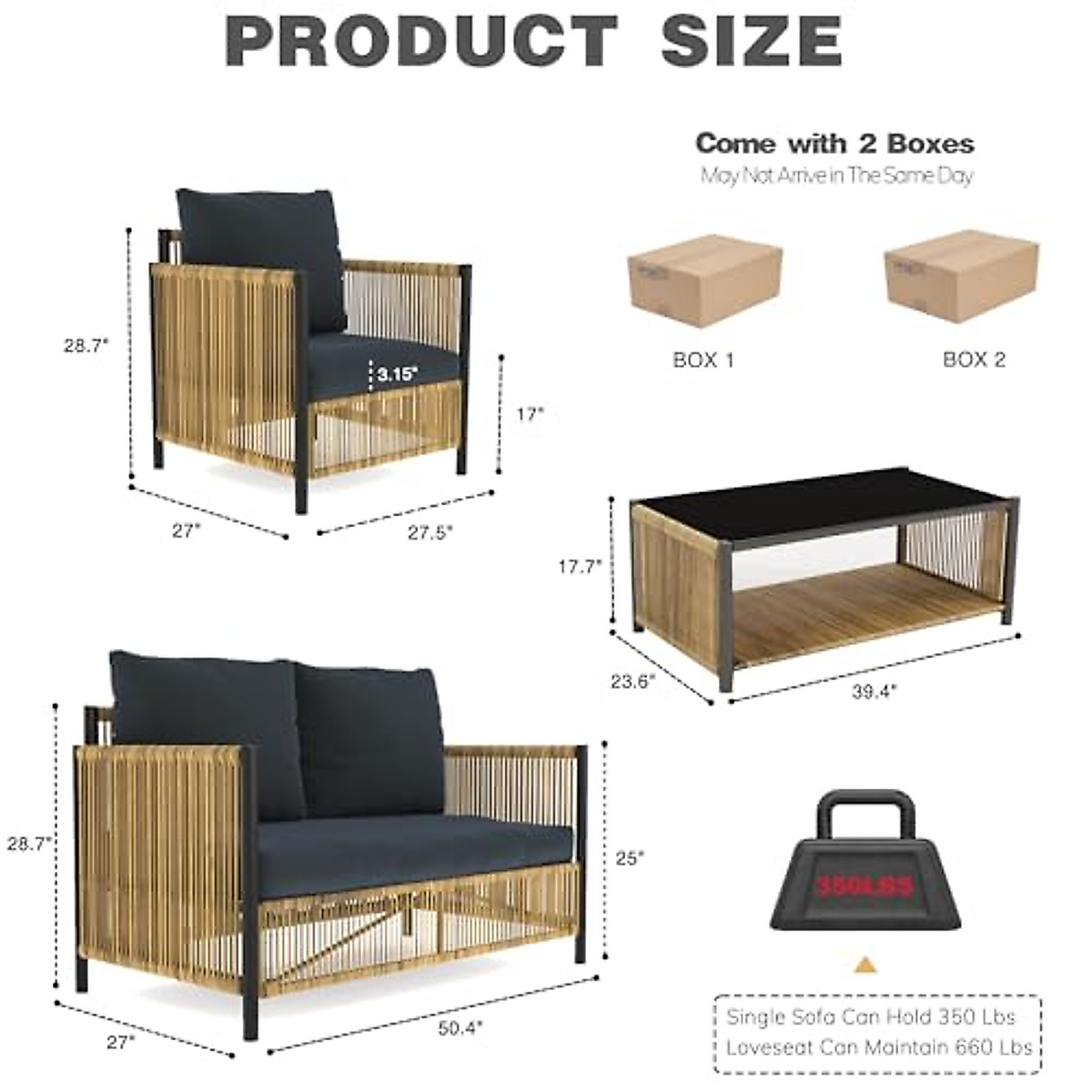 Breezluxe 4-Piece Patio Furniture Set Outdoor Furniture with Thick,Removable & Washable Cushion,Patio Conversation Sets for Backyard Porch Balcony (2 Armchair+Loveseat+Table)