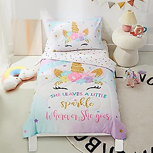 PINNKKU 4-Piece Toddler Bedding Set, Bed-in-a-Bag Comforter Set, Includes 1 Flat Sheet, 1 Fitted Sheet, 1 Comforter and 1 Reversible Pillowcase, Standard Toddler Comforter & Sheet Set, Unicorn