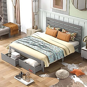 Queen Size Solid Wood Platform Bed Frame with Storage Drawers and Classic Headboard, Wood Slats Support, Under Bed Storage for Boys Girls Teens Adults,Space Saving, No Box Spring Needed (Gray)