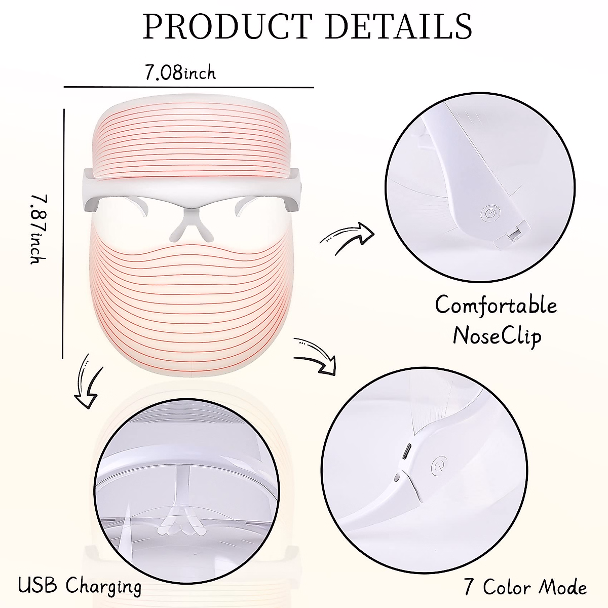 haoyehome Upgraded 7 Color LED Face Mask Light Therapy, led mask therapy facial LED suitable for home skin care, light therapy mask Portable & Light, Rechargeable, Wireless (white), 1.0 Count