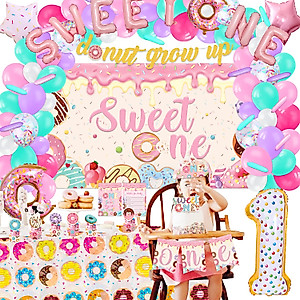 LXlucktim Donut Birthday Party Supplies for 1 Year Old Girl, 150 Pcs Sweet One Party Decorations for Girls Baby - Backdrop, Tablecloth, Crown, Poster