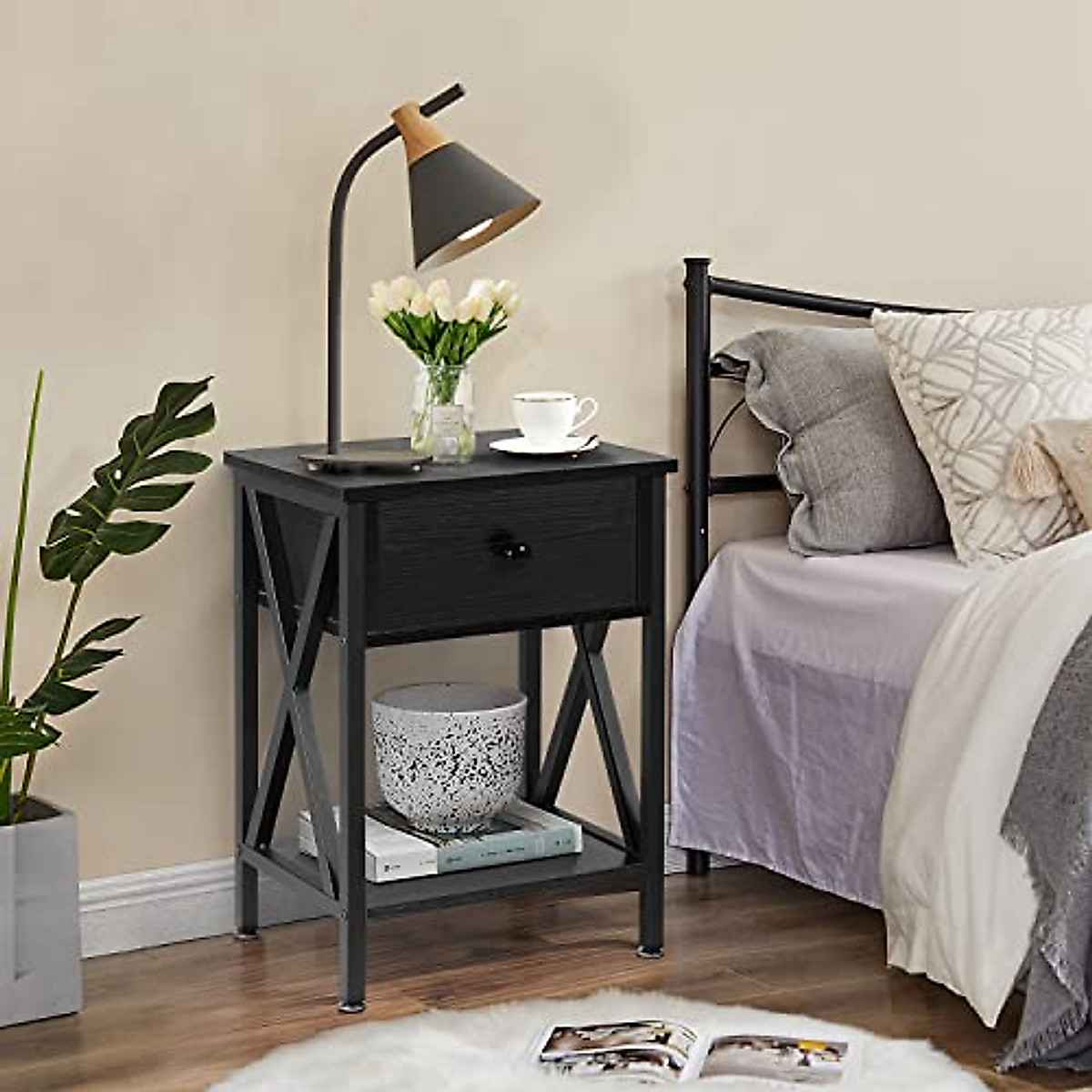 VECELO Modern Side Nightstand with 3-Layer Storage Shelf for Small Spaces, Living Room, Bedroom & Nightstands, Modern End Side Tables,Night Stand with Drawer &Storage Shelf