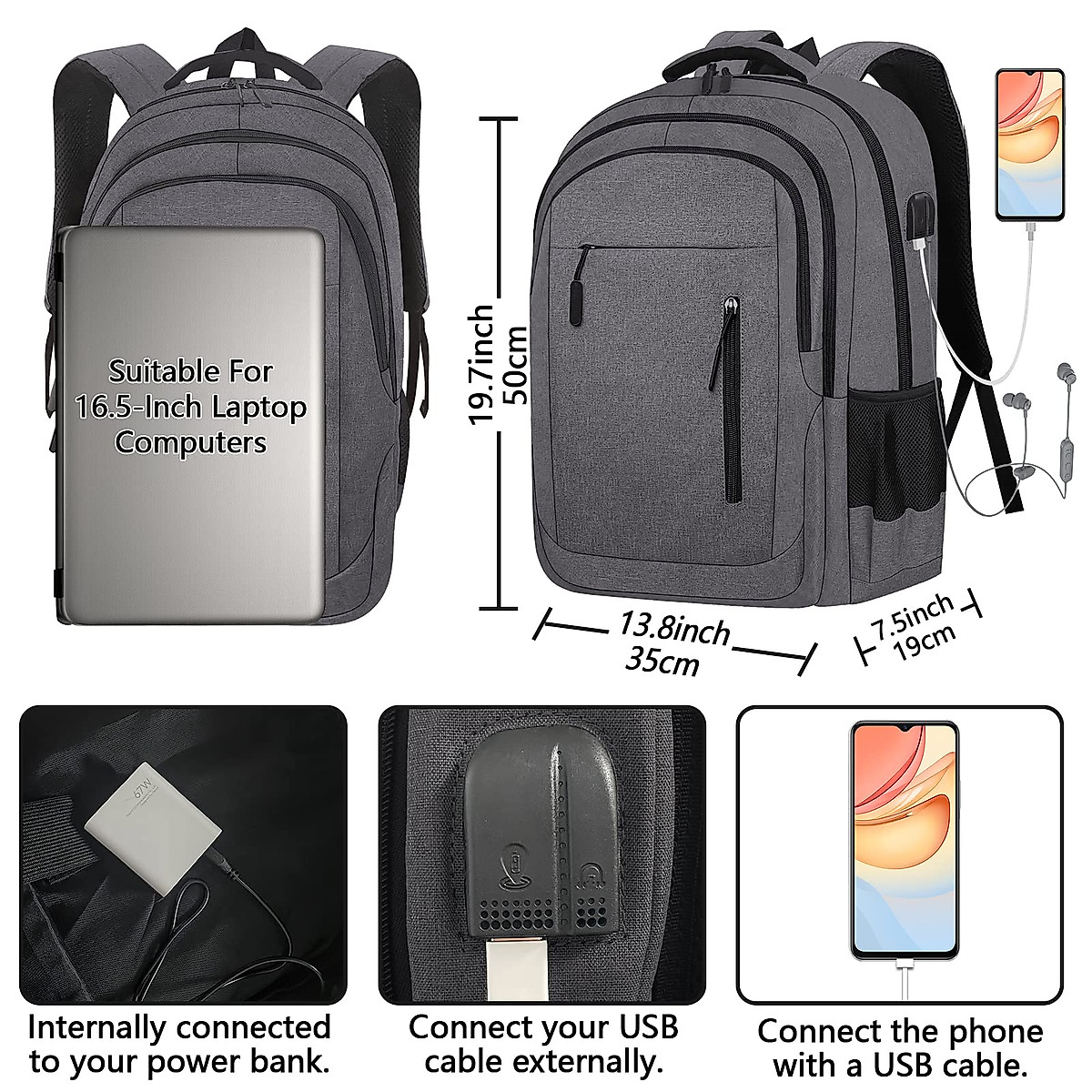 Wesoke Laptop Backpack for Men, 17.3 Inch Travel Backpacks BookBag with Laptop Compartment, Water Resistant Business Work Casual Computer Daypack with USB Charging/Headphone Port, Dark Grey