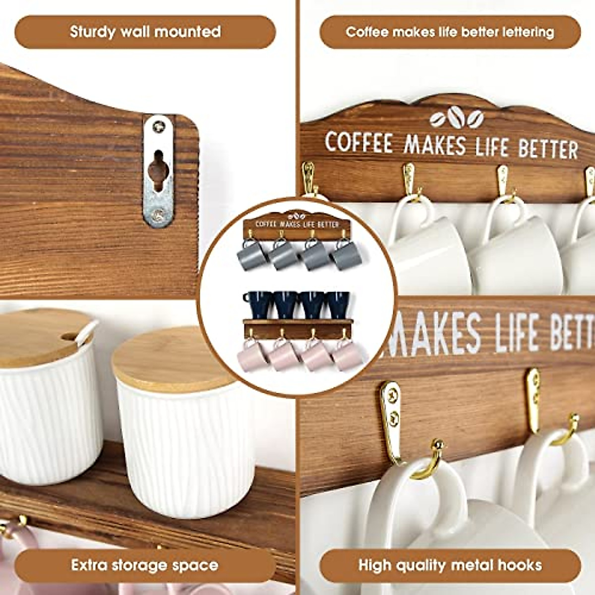 JACKCUBE Design Coffee Mug Rack, Wall Mounted Wooden 12 Coffee Cup Holder Organizer with Coffee Sign for Home Kitchen Cafe Decor - MK737A