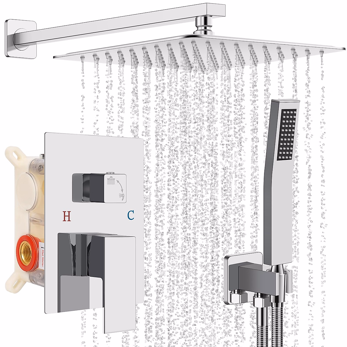 Baetuy Shower Faucet Set Bathroom Square Rain Shower Head and Handle Set, Wall Mounted Shower Fixtures With Shower Valve and Trim Kit 10 inch Polished Chrome