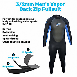 H2Odyssey 3/2mm Men's Vapor Back Zip Wetsuit for Men - Mens Long Sleeve Swimsuit for Surf Board and Deep Sea Diving (Large, Blue)