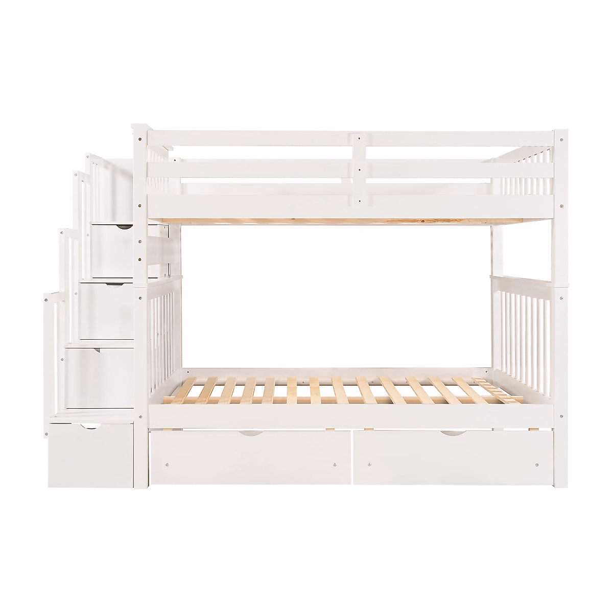 Full Over Full Bunk Bed with Shelves and 6 Storage Drawers, Solid Wooden Bunk Bed Frame with Storag Staircase, Safety Guardrail for Kids Teens Adults, No Box Spring Needed (White)