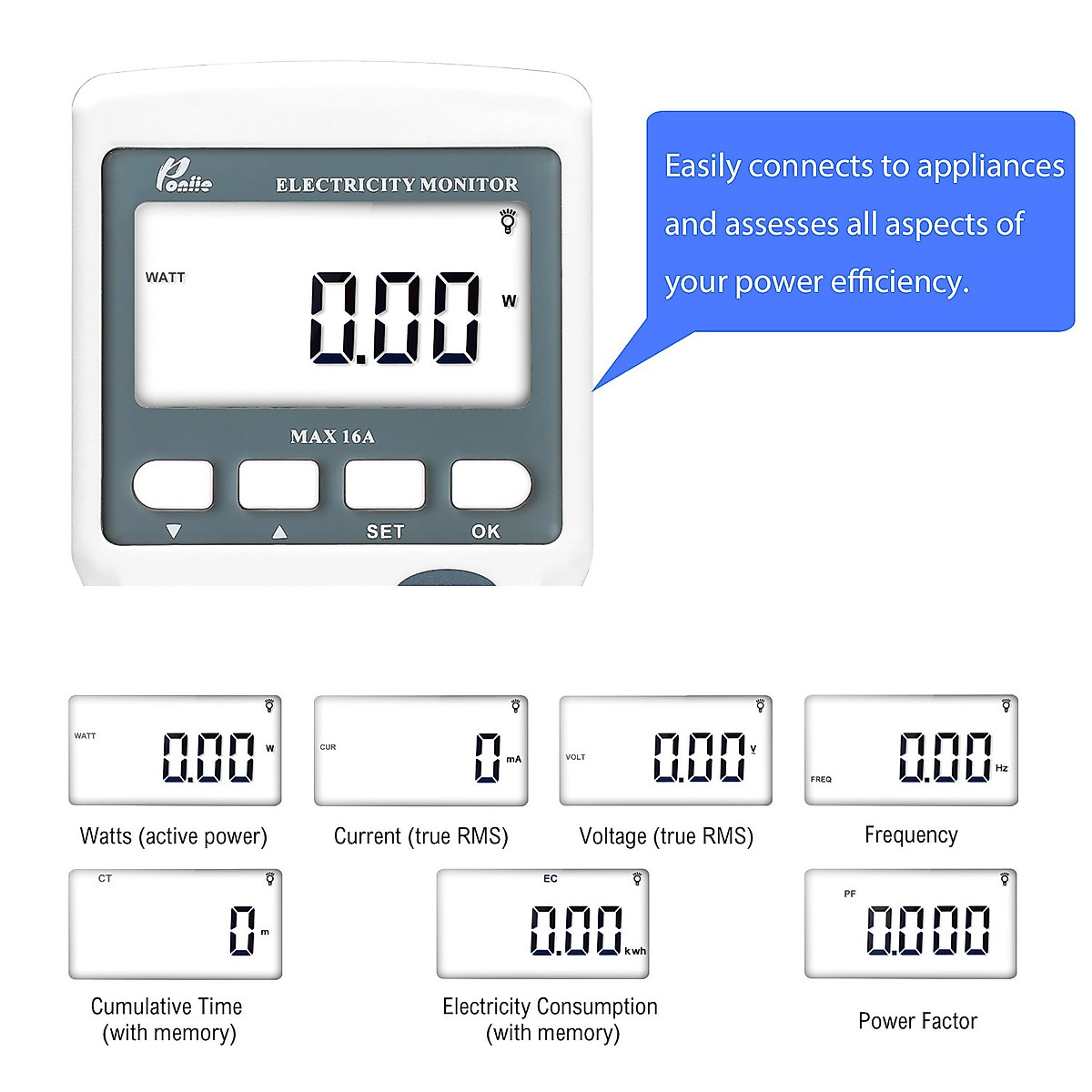 Poniie PN2000 Plug-in Kilowatt Electricity Usage Monitor Electrical Power Consumption Watt Meter Tester
