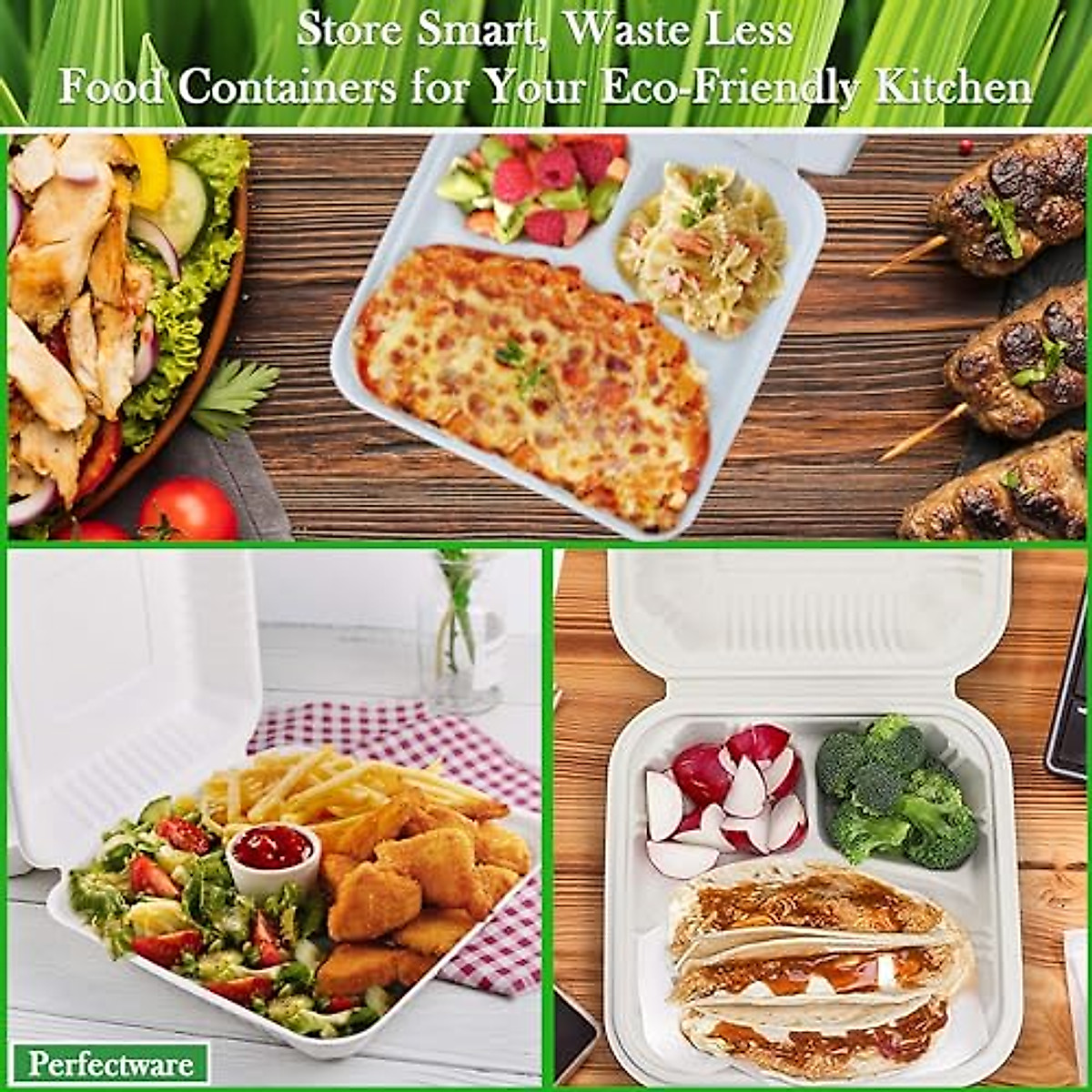 Perfectware 100% Compostable 3 Comp Take Out Food Containers 9x9x 3. 100 Containers, Natural Disposable Bagasse, Eco-Friendly Biodegradable Made of Sugar Cane