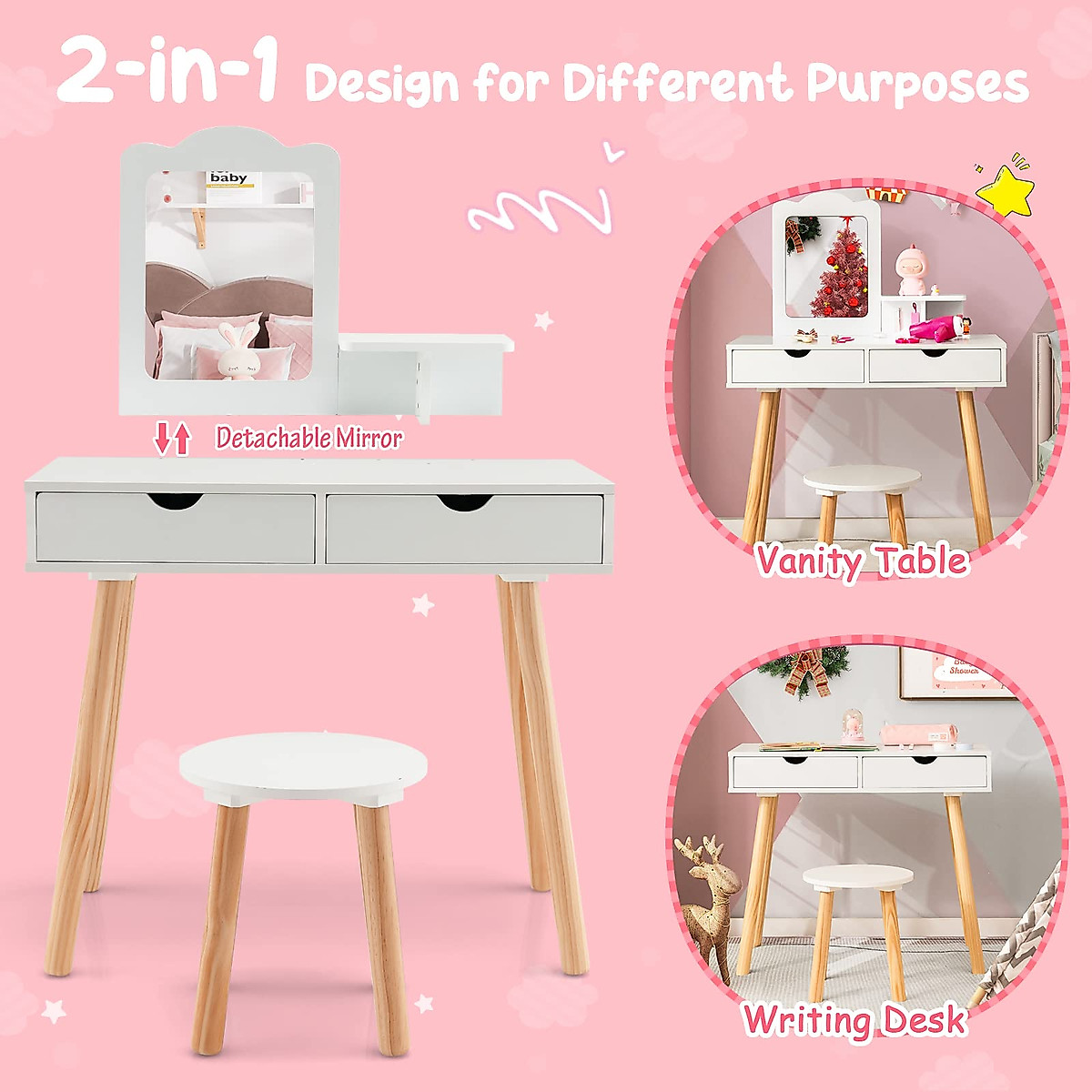 FIREFLOWERY Kids Vanity, Kids Makeup Vanity w/Open Storage Shelve & 2 Large Drawers, Wooden Princess Play Vanity Table, Toddler Vanity, Girls Vanity Set with Mirror and Stool for Bedroom (White)
