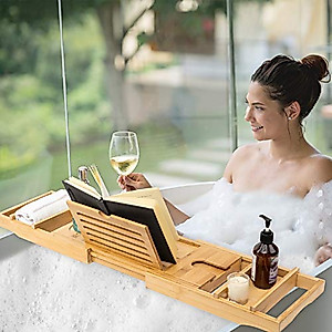 Lifestyle Expandable Bath Tub Tray - A Lovely Expandable Wooden Tray with Space for Wine Glass, Book/iPad Stand, Towels, and Bathing Gel. Great for Relaxation After Works and Family Activities.
