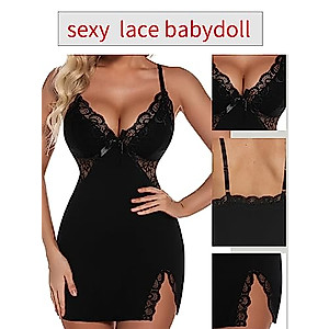Donnalla Womens Sexy Babydoll Chemise Lingerie Lace Night Dress Slip Nightgowns Sleepwear (Black Medium)