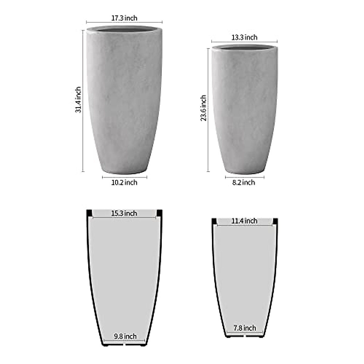 Kante 31.4" and 23.6" H Natural Concrete Finish Concrete Tall Planters Large Outdoor Indoor Decorative Plant Pots with Drainage Hole and Rubber Plug, Modern Tapered Style for Home and Garden