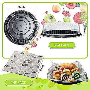 Tessco 24 Pcs 12 Inch Catering Trays with Clear Lids and 48 Pcs Deli Wax Paper Sheets, Serving Trays Disposable Black Plastic Round Platters for Party Food Sandwich Veggie Cookie Trays, Heavy Duty