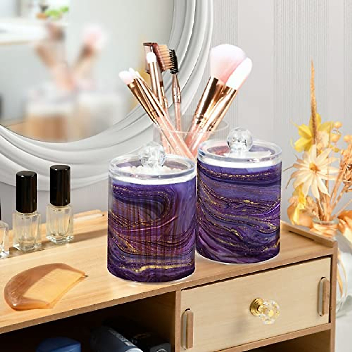 Coikll Purple Marble Qtip Holder with Lid 2PCS Apothecary Jars Storage Containers, Clear Plastic Canister for Cotton Swab,Floss Picks, Cosmetics