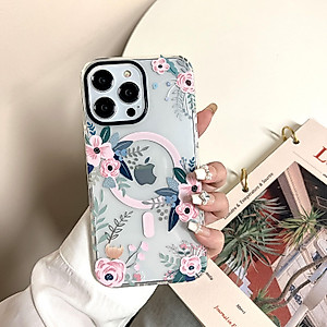 YeLoveHaw for iPhone 14 Pro Magnetic Phone Case for Women Girls, Rose Floral Green Leaves Pattern [Compatible with MagSafe] Slim Hard Clear Protective Cover for iPhone 14Pro 6.1'' (Pink Flower)