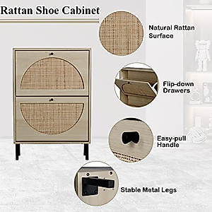 TehRecBT Rattan Shoe Cabinet with 2 Flip Drawers, Entryway Shoe Storage Cabinet with Flip Door & Metal Legs, Modern Freestanding Tipping Bucket Shoe Organizer for Entryway, Hallway, Bedroom