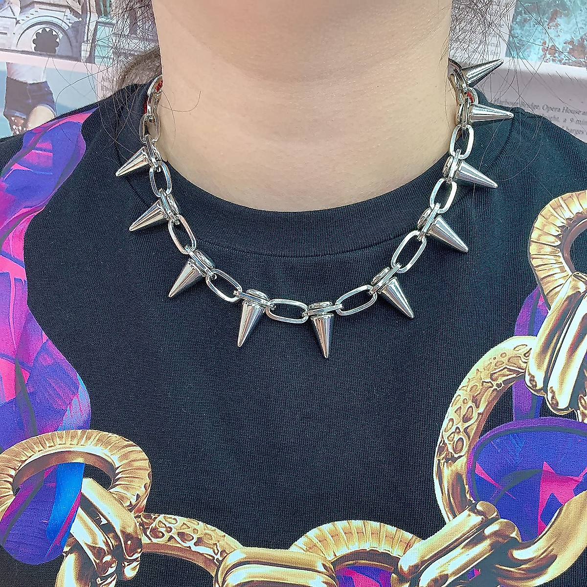 Spike Necklace Spike Choker Rivet Goth Necklaces Chokers with Spikes and Chain Streetwear Vintage Punk Necklace for Women Men Silver