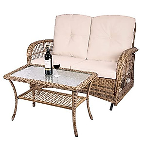 MEETWARM Outdoor Wicker Patio Glider Set with Glass-Top Coffee Table, Loveseat for 2 Person Porch Furniture Glider, Patio Glider Rocking Bench with Thickened Cushions