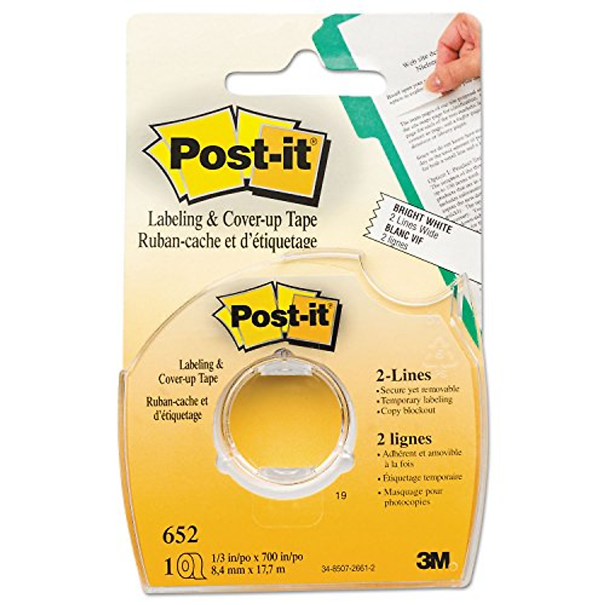 Post-it 3M 652 Labeling/Cover-Up Tape, Non-Refillable, 1/3-Inch X 700-Inch Roll, 1/Ea