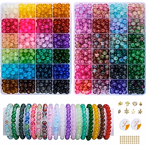 【2 Pack】 More Than 1300PCS Round Glass Beads for Jewelry Making,48 Colors 8mm Crystal Beads for Bracelets Jewelry Making and DIY Crafts, 2 Box Round Beads Suitable for Beginners. (Solid+Printing)