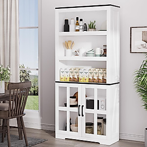 LUMIINOFAMI Bookshelf with Cabinet, 68.9'' Book Shelf with Door 5 Tier Farmhouse Bookshelf with Glass Window, Wood Bookcase Bookshelves Kitchen Pantry for Living Room Home Office Kitchen (White)