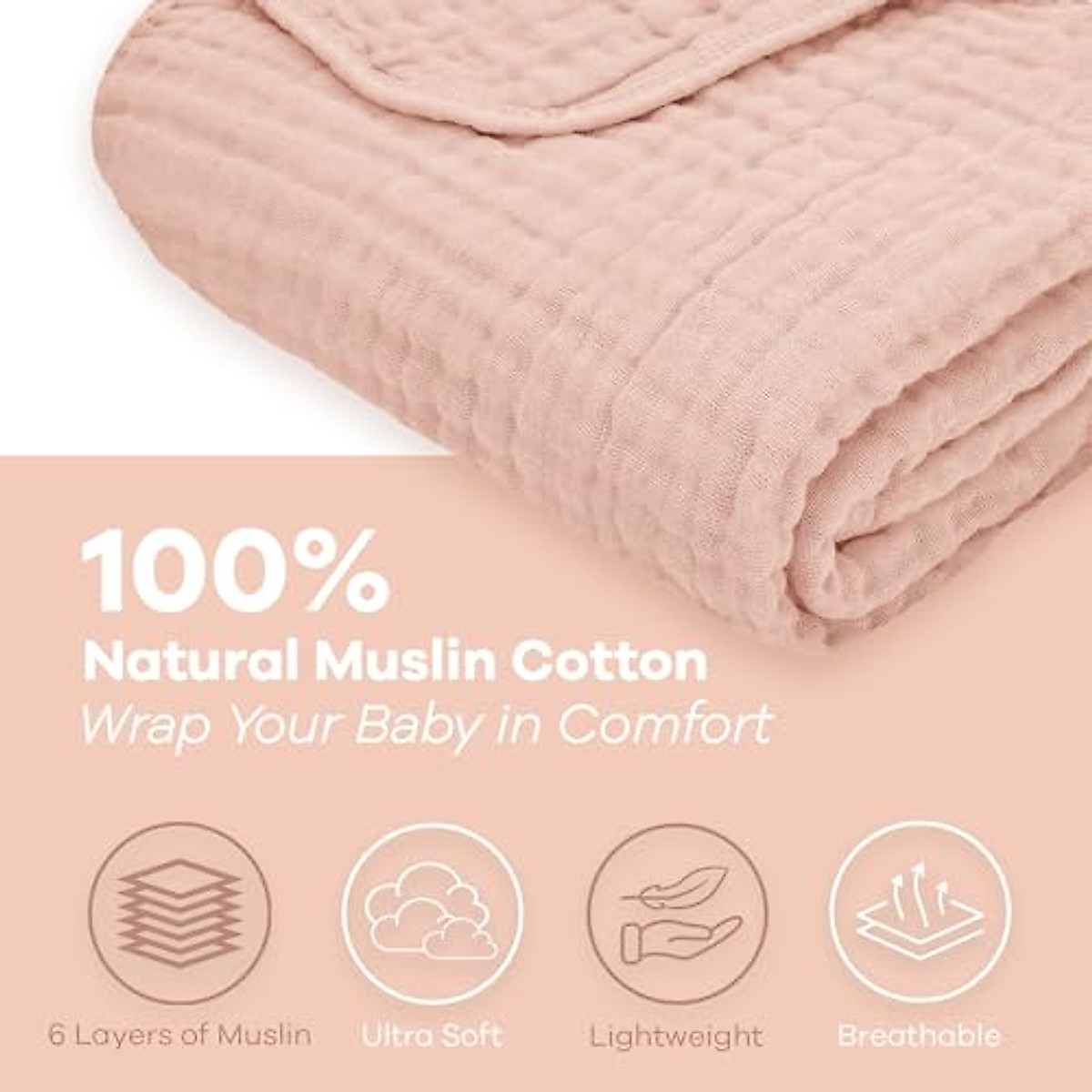 Comfy Cubs Baby Muslin Blanket, Swaddle for Newborns and Toddlers, Large 40” x 40” Cover, 6-Layer Plush Softness for Infant Swaddling, Receiving, or Tummy Time, Shower Gift (Blush, Baby - Muslin)