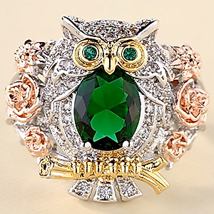 Ginger Lyne Collection - Hoot Owl Ring for Women Green Cubic Zirconia - Three-Tone Plating in Rose Gold, Gold, Platinum Over Copper - Clear Accent Stones