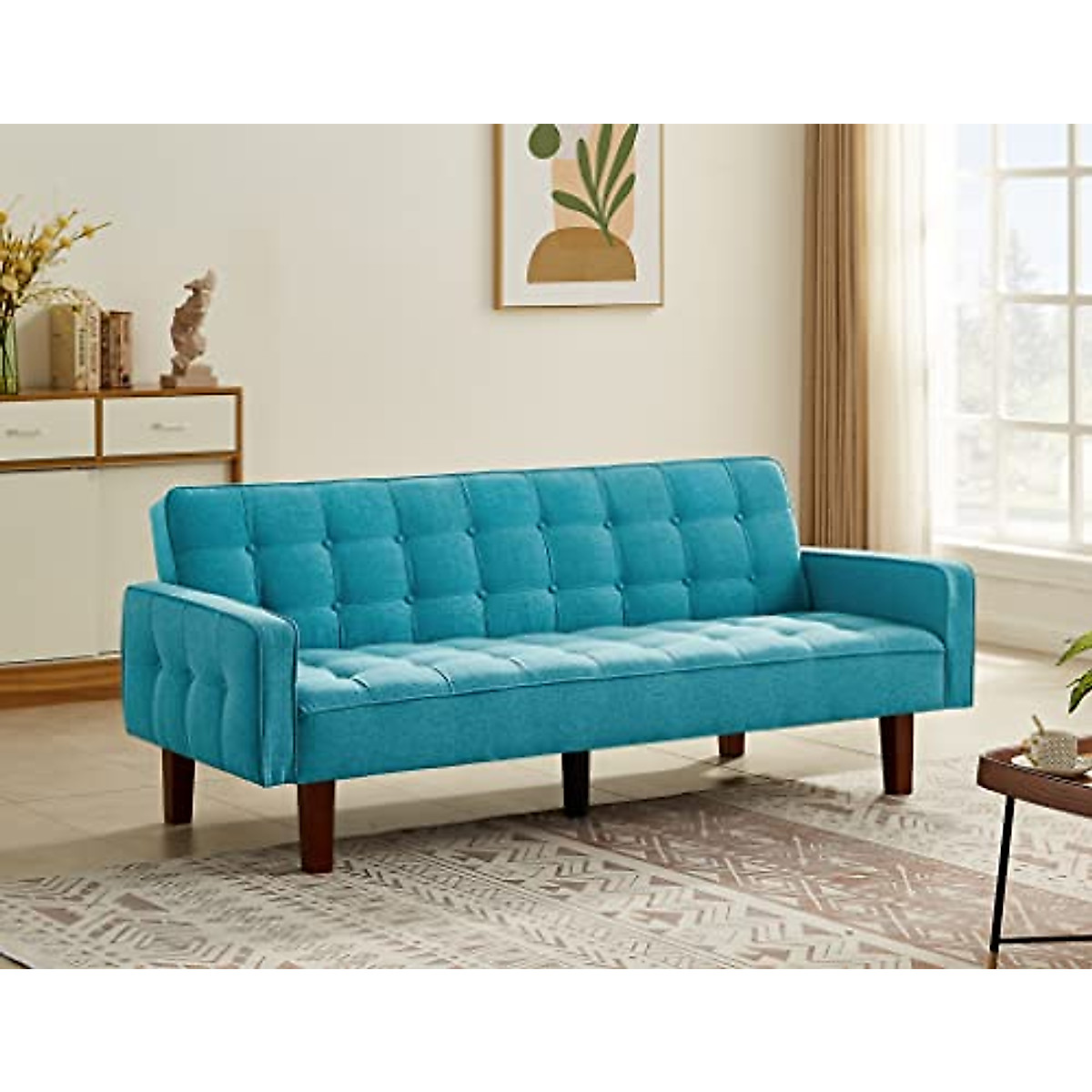 Melpomene Futon Sofa Convertible Couch Bed, Modern Button Tufted Linen Folding Sofa Sleeper with Wood Legs for Living Room Bedroom,Blue