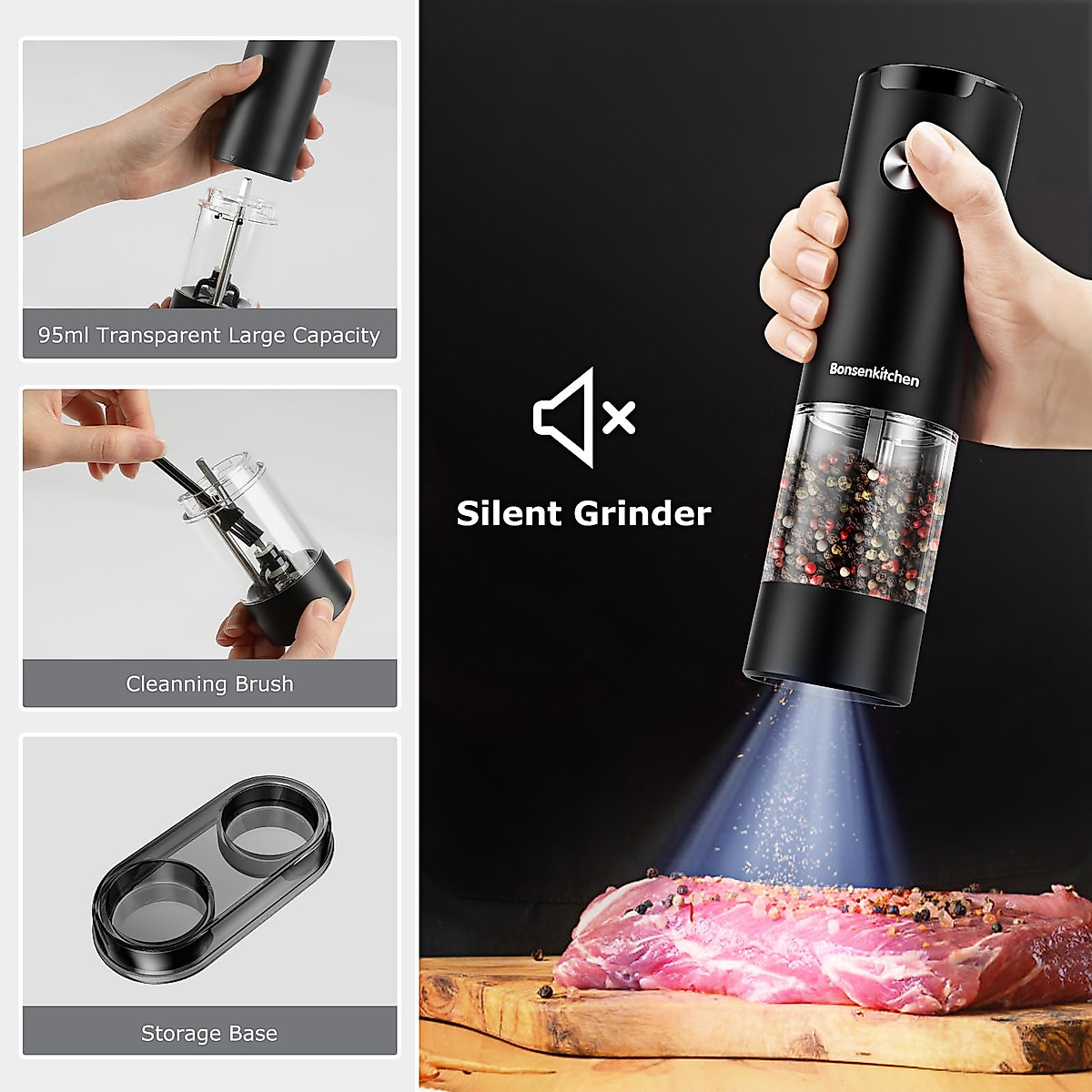 Bonsenkitchen Electric Salt and Pepper Grinder Set, Battery Operated(Not Included),2 Pack Automatic Salt & Pepper Mill Shakers with LED Light, Adjustable Coarseness, Storage Base, 95ml Large Capacity
