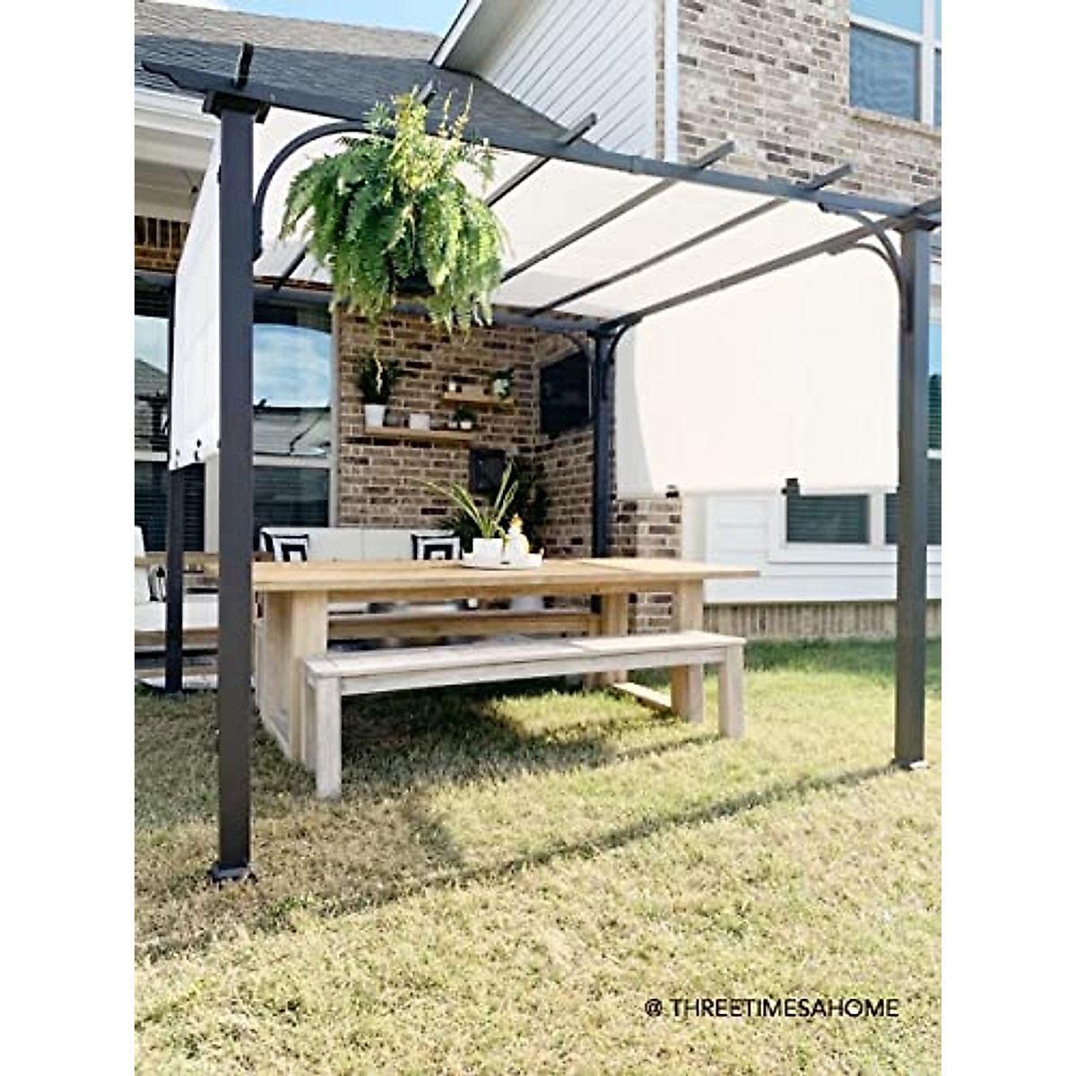 Sunjoy 10 x 10 ft. Pergola, Outdoor Patio Brown Steel Classic Frame Pergola with Retractable White Canopy Shade for Backyard, Garden Activities
