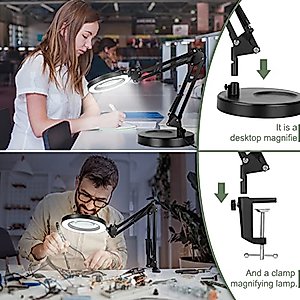 10X Magnifying Glass with Light and Stand, Upgrade Button 5 Color Modes Dimmable Lighting, Krstlv 2-in-1 LED Lighted Magnifier, Hands Free Desk Lamp with Clamp for Soldering Craft Hobby Close Work