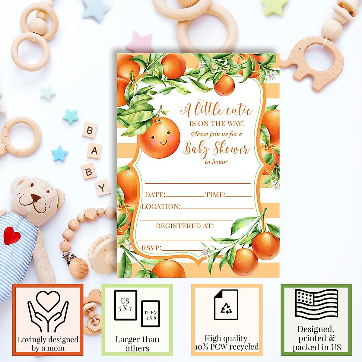Amanda Creation Little Cutie Baby Shower Invitations, 20 5x7 Fill-In Cards with Twenty White Envelopes