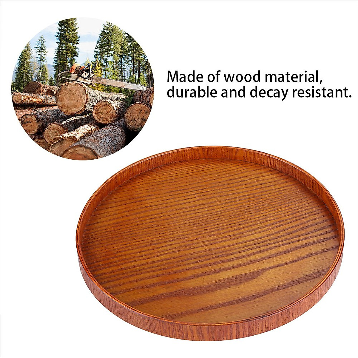 Wood Serving Tray, Round Wooden Tray Wood Serving Plates Food Dishes Water Drink Platter Teaboard for Breakfast in Bed Countertop Kitchen Coffee Table Breakfast (33cm)
