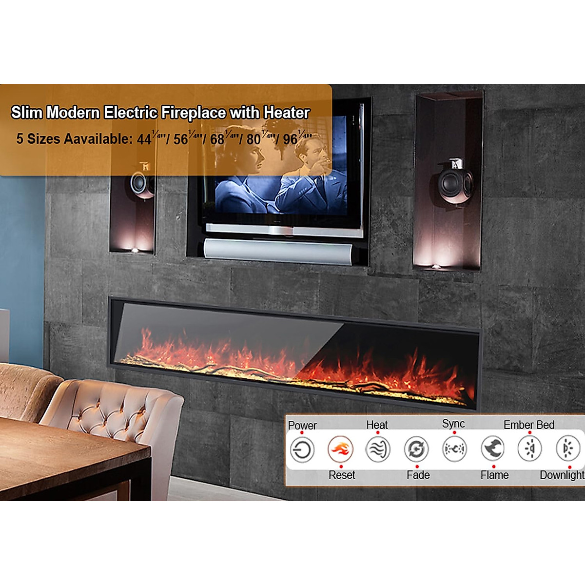 Electric Fireplace Heater 96" WiFi -Enabled Built-in Recessed Fireplace Unit with 251 Realistic Flame Color Combinations, Single-Sided 1500/750 Watt Heat Fire Place Insert Linear (44" Slim)