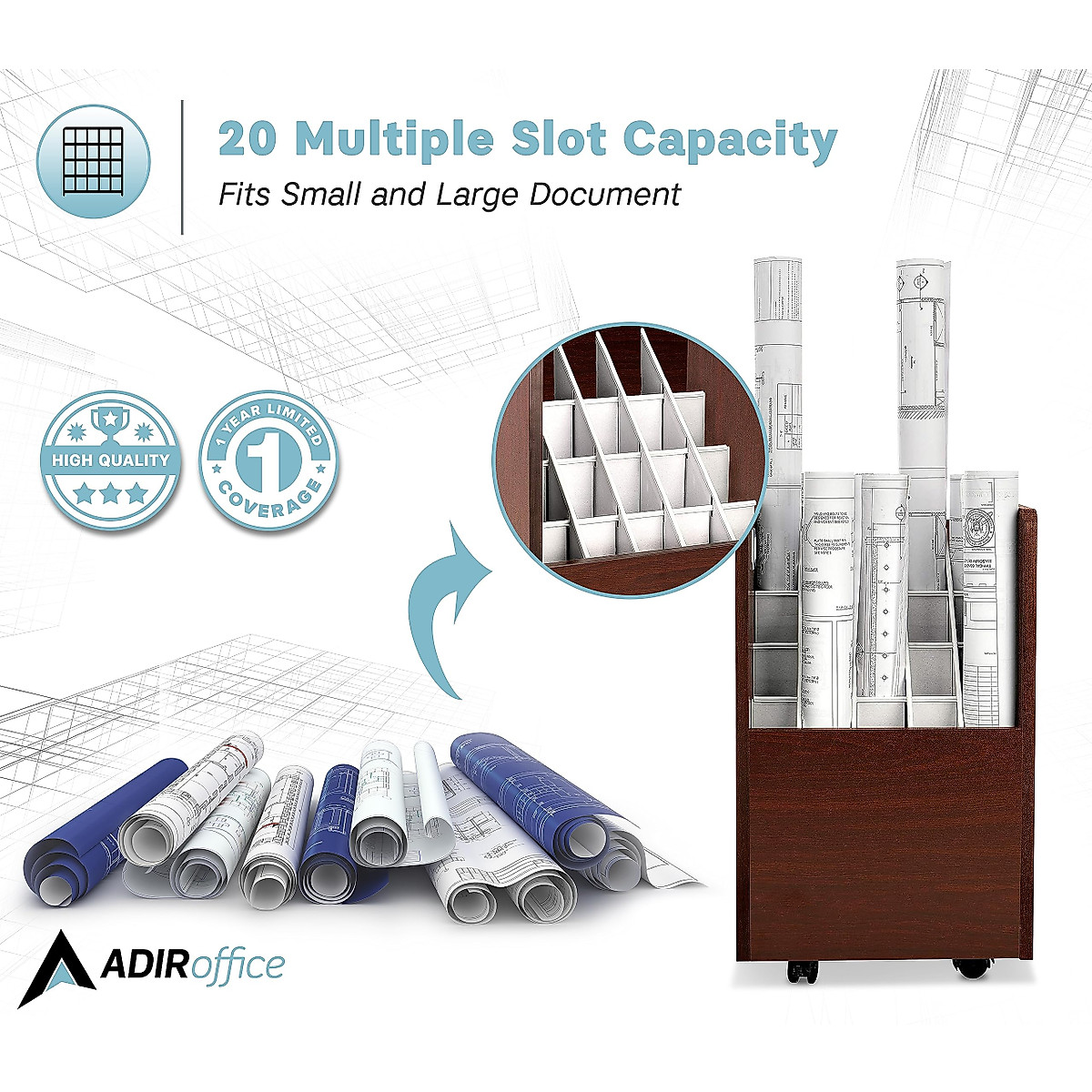 Adir Mobile Blueprint Roll File Holder - Mobile Roll File Organizer Cart for Home Office or School. 20 Slots Blueprint File Holder with Wheels for Maps, Plans, Posters