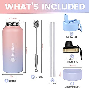 lexlion Water Bottle 32oz, Triple Walled Insulated Stainless Steel Reusable Bottle, Silicone Sleeve, 2 Lids (Spout lid & Straw lid w/2 straw), Metal Mug Gallon, BPA Free, Pinky