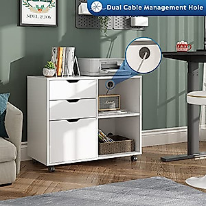 DEVAISE 3-Drawer Wood File Cabinet, Mobile Lateral Filing Cabinet, Printer Stand with Open Storage Shelves for Home Office, White