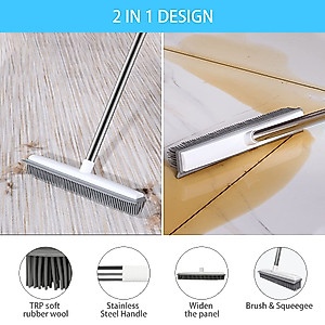 YFJQTZX Push Broom Pet Hair Removal Broom with Squeegee, Soft Silicone Bristle Broom with 47" Adjustable Long Handle, Non Scratch Carpet Sweeper Brush for Cat/Dog Hair Hardwood Tile Windows