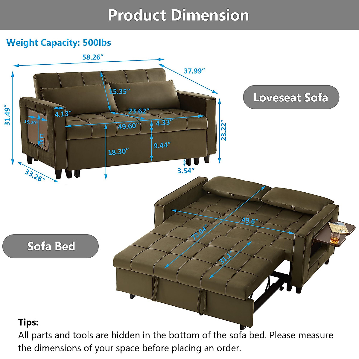 Bocarali 58" W Convertible Sofa Bed, 3 in 1 Velvet Upholstered Loveseat Sleeper with Adjustable Back, Modern 2 Seater Sofa with Put Out Bed, 2 Pillows Wing Tables for Living Room, Light Brown