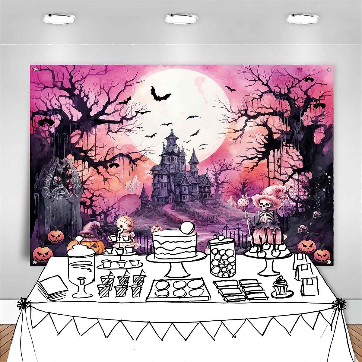 LDWLYW Pink Halloween Backdrop Scary Halloween Backdrops for Photography Background Full Moon Haunted House Halloween Party Decorations Outdoor Witch Birthday Banner for Girl Kids 7x5ft