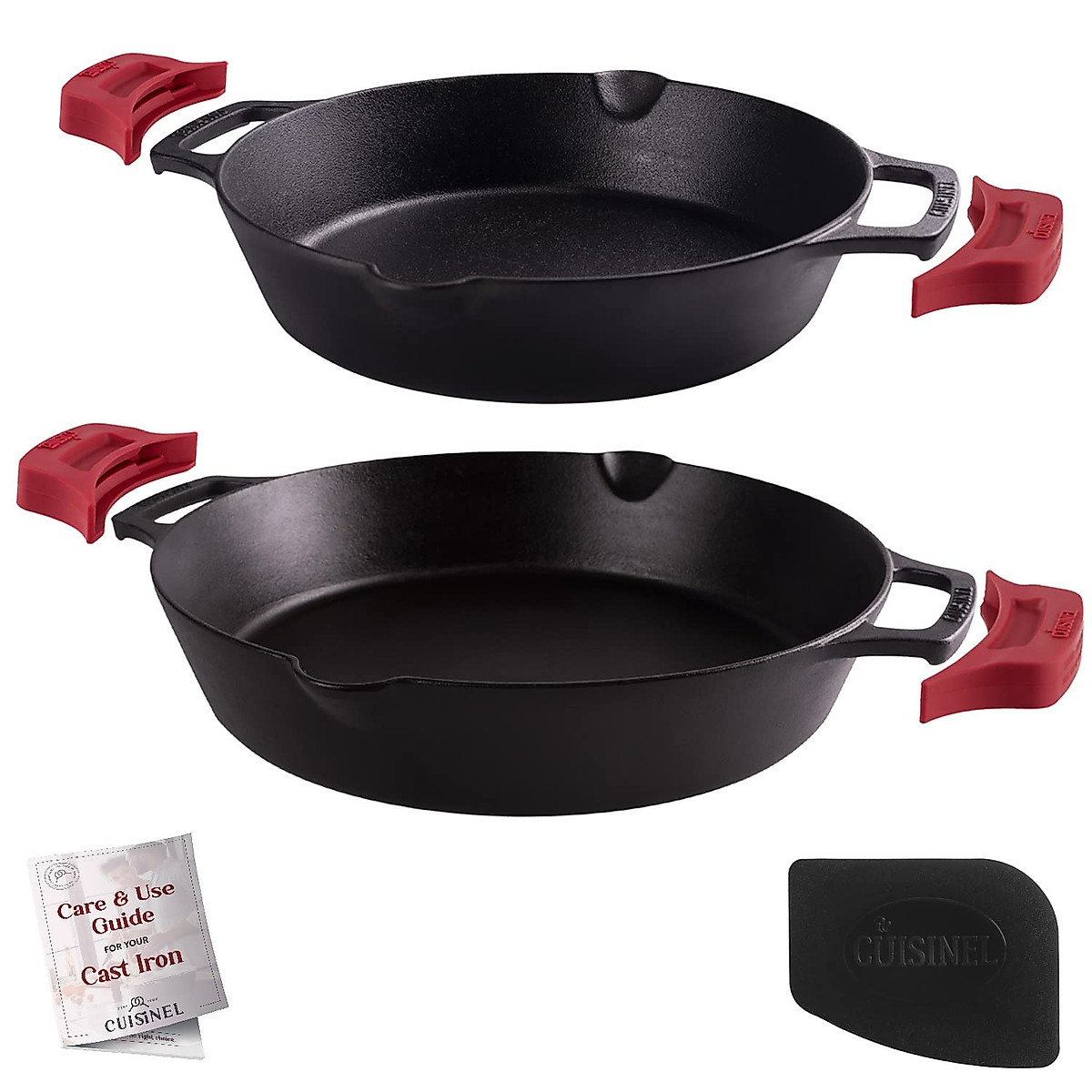 Cast Iron Skillet Set - 10" + 12"-Inch Dual Handle Frying Pans + Silicone Handle Holder Covers + Pan Scraper - Pre-Seasoned Oven, Grill, Stovetop, Induction Safe Kitchen Cookware - Indoor/Outdoor Use