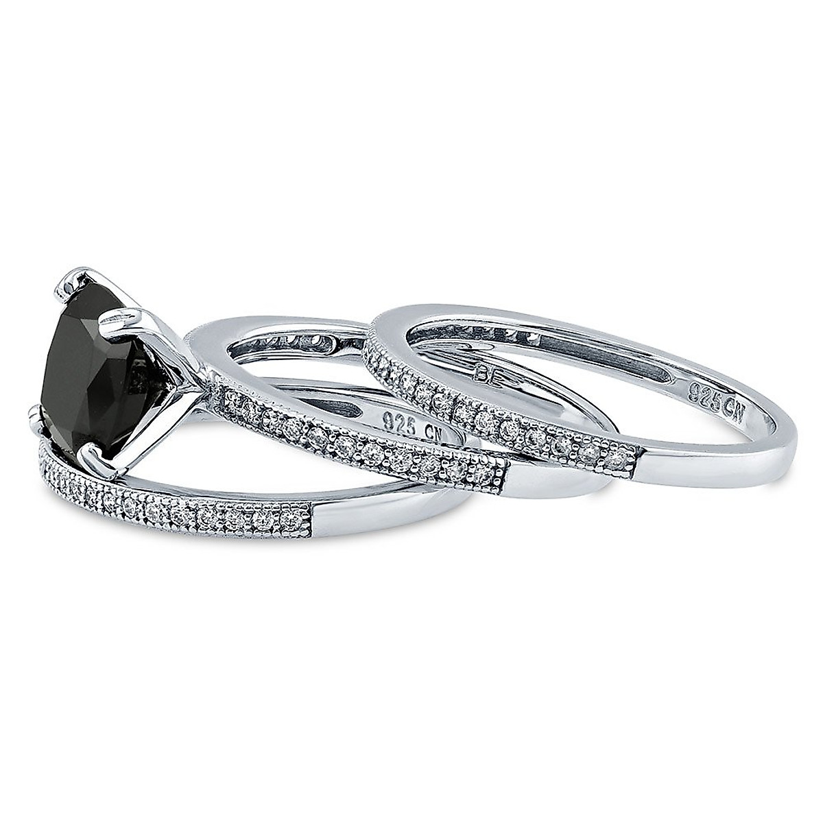 BERRICLE Sterling Silver Solitaire 3 Carat Black Cushion Cut Cubic Zirconia CZ Stackable Fashion Ring Set for Women, Rhodium Plated Size 7