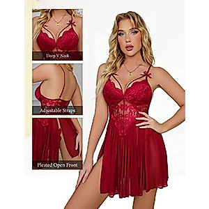 Queenfox Lingerie for Women Sexy Nightwear Lace Babydoll Mesh Sheer Chemise Nightgown Deep V-Neck Strap Side Split Nightdress Wine Red X-Large