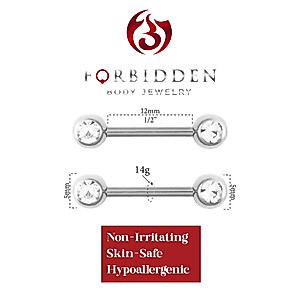 Forbidden Body Jewelry 14g Nipple Ring Barbells Set of 2, Pair of Clear CZ 12mm (1/2 Inch) Barbells with 5mm Balls