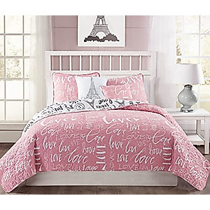 Quaint Home, Pillows, and Shams, 4-Piece Quilt Set, Twin, Bonjour Paris Pink/White/Black