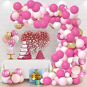 Pink Balloons Arch Kit Garland,103pcs Hot Pink Metallic Gold White Balloons, Pink Balloon Arch for Birthday Wedding Bridal Girl Baby Shower Party Decorations